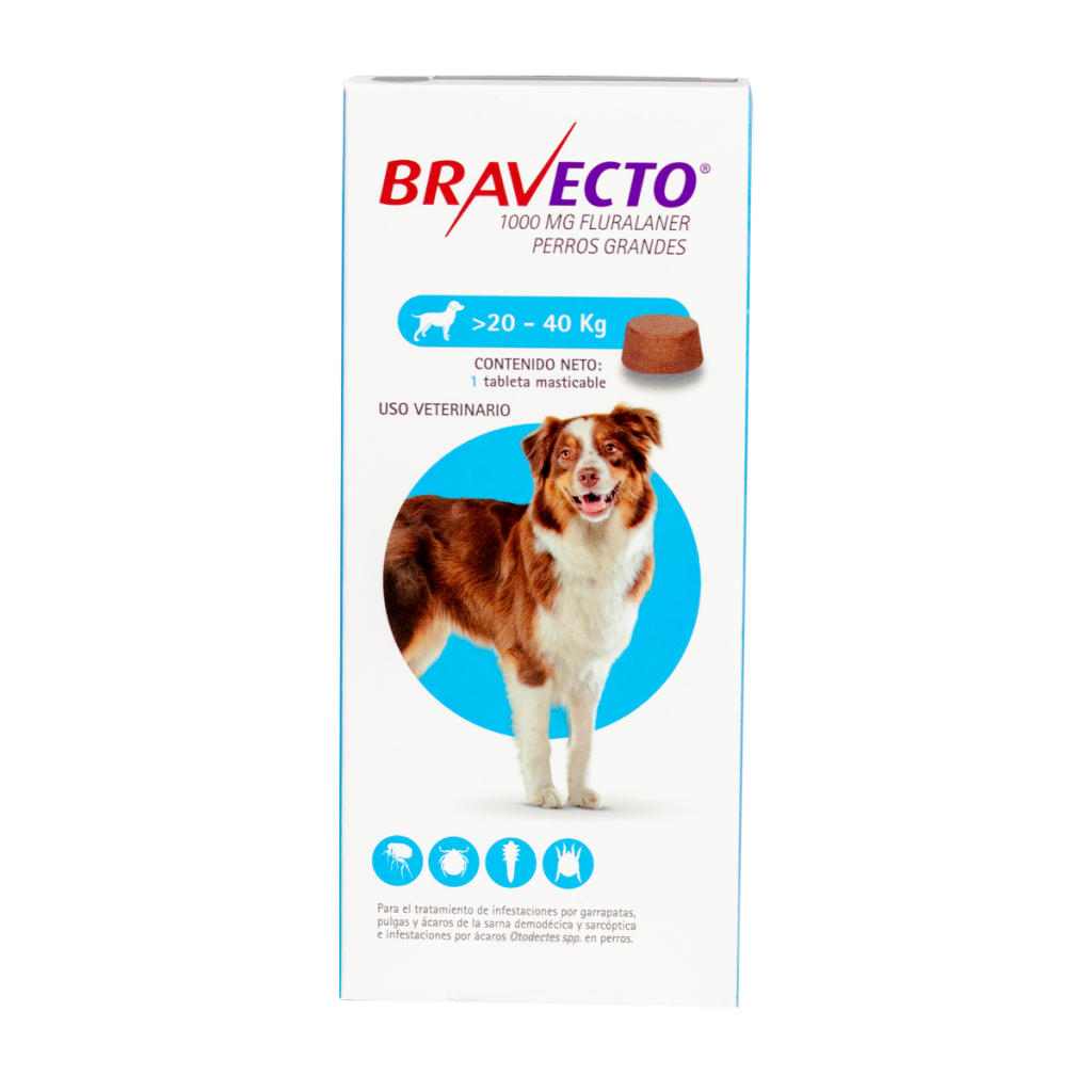 Bravecto 1000 para perros de 20 A 40 KG Pulgas y Garrapatas