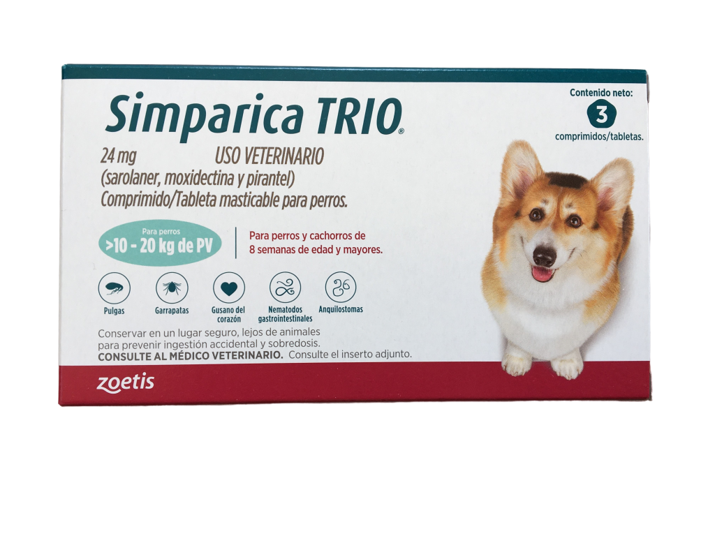 Simparica Trio perros 10-20 KG 3 Tab vs Pulgas y Garrapatas